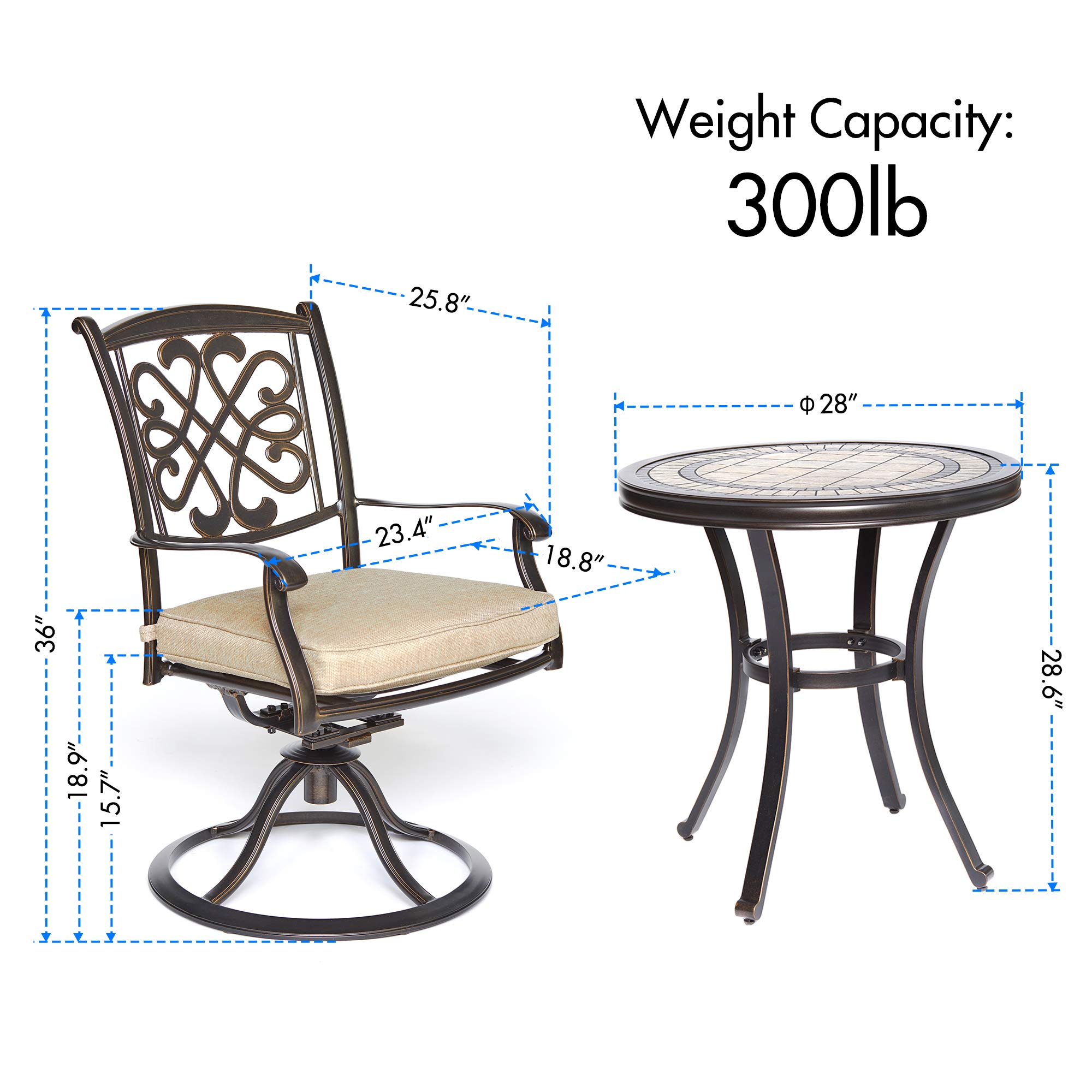 DALI 3 Piece Bistro Set, Handmade Contemporary Round Table Patio Glider Chairs Garden Backyard Outdoor Furniture