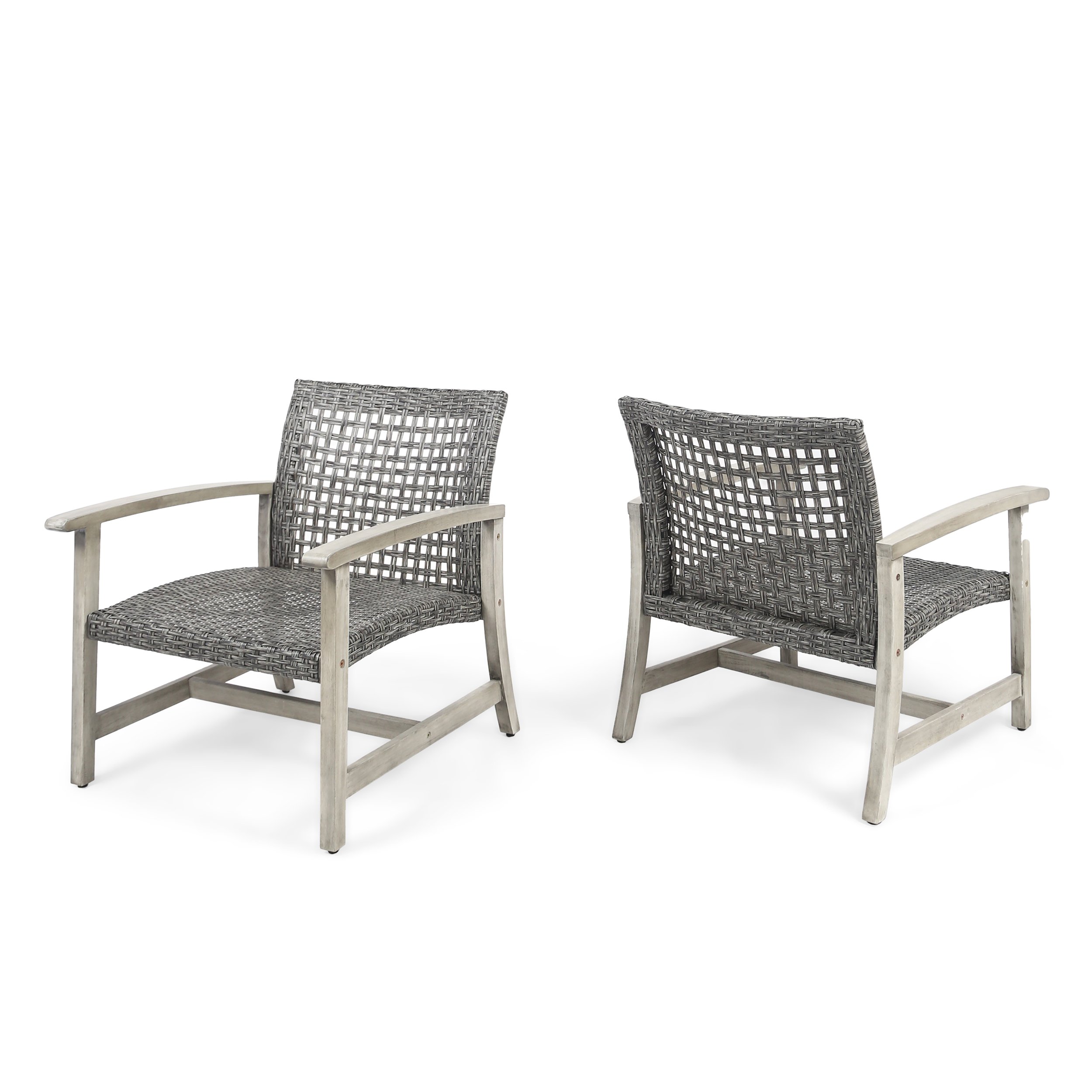 GDFStudio Outdoor Wood and Wicker Club Chairs (Set of 2), Gray Finish and Mixed Black