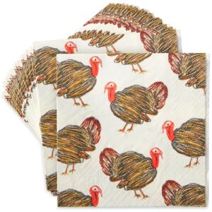 100 pack turkey thanksgiving cocktail napkins for party supplies (5 x 5 in)