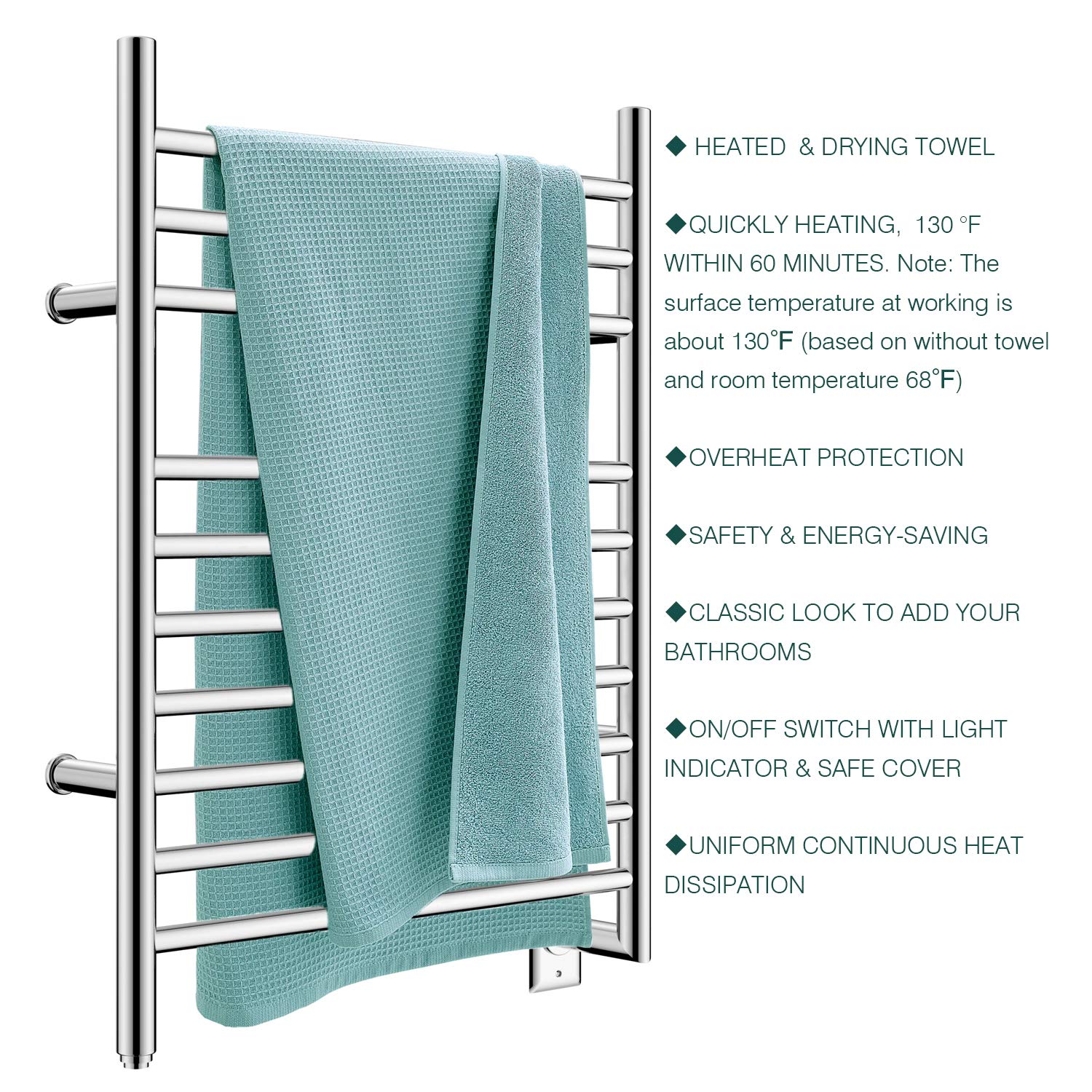 HEATGENE Towel Warmer Wall-Mounted Hardwired Heated Towel Rack Hot Towel Bar Mirror Polish