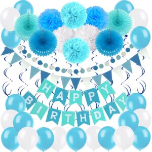 zerodeco birthday decoration set, happy birthday banner bunting with 4 paper fans tissue 6 paper pom poms flower 10 hanging swirl and 20 balloon for birthday party decorations -blue,sky blue and white