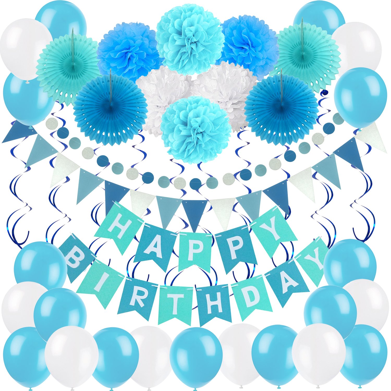 ZERODECO Birthday Decoration Set, Happy Birthday Banner Bunting with 4 Paper Fans Tissue 6 Paper Pom Poms Flower 10 Hanging Swirl and 20 Balloon for Birthday Party Decorations -Blue,Sky Blue and White