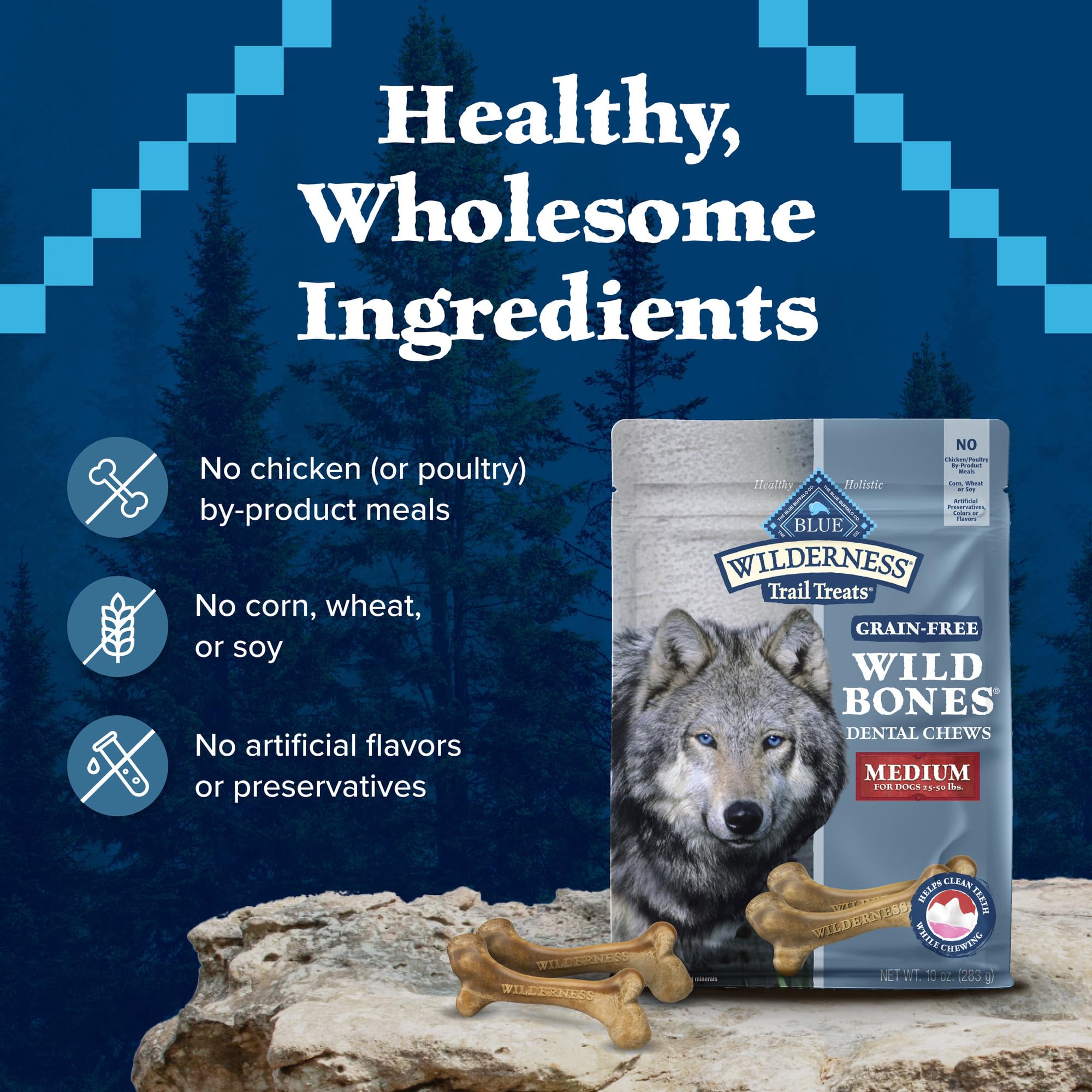 Blue Buffalo Wilderness Wild Bones Grain-Free Dental Chews Dog Treats, Medium, 27-oz Bag