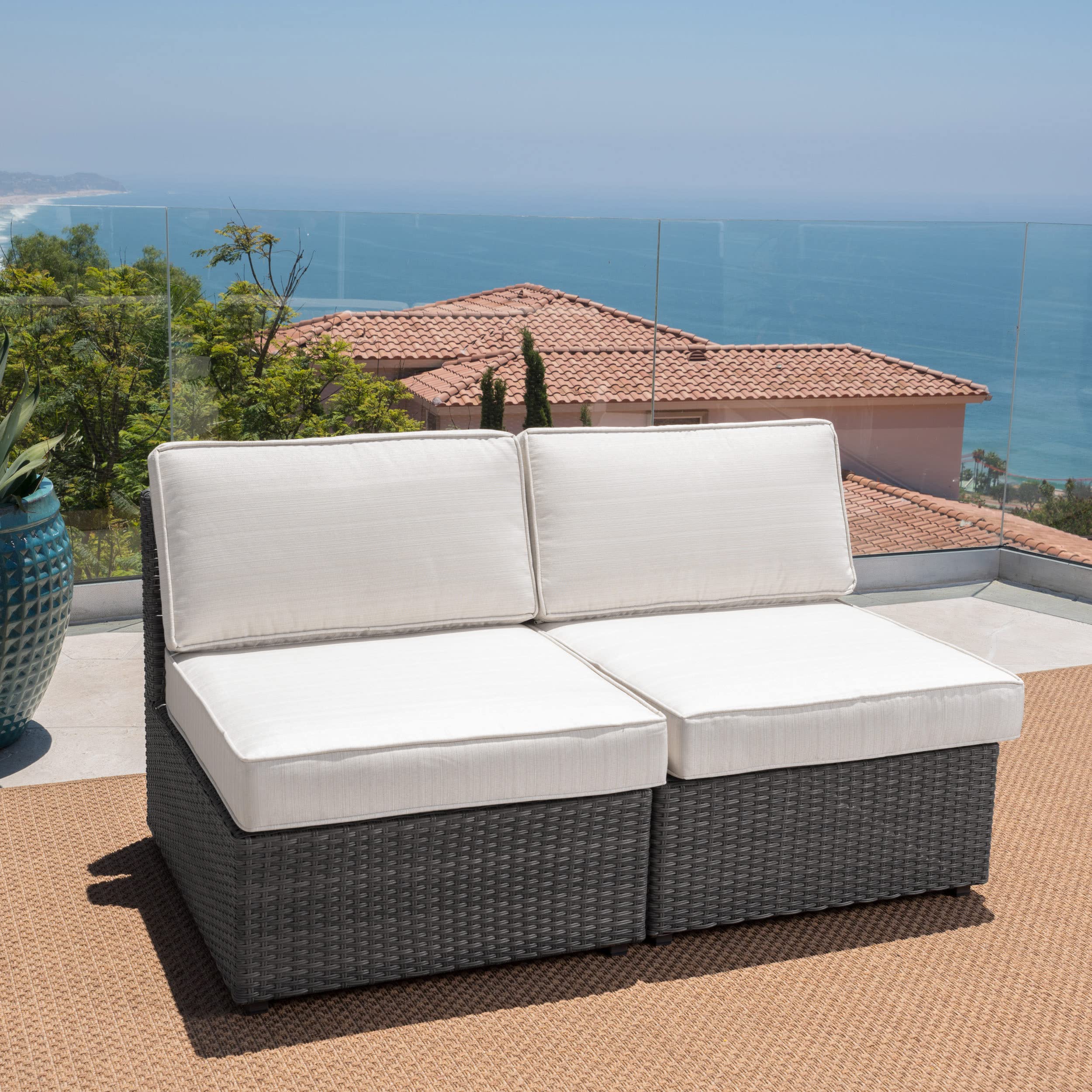 Christopher Knight Home Santa Cruz Outdoor Wicker Armless Sectional Sofa Seat, Gray, 2-Pcs Set, Grey/White