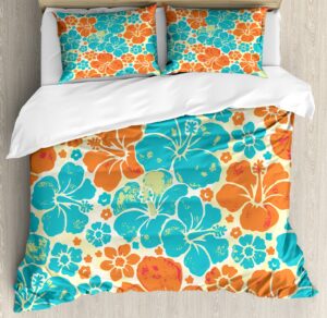 lunarable tropical duvet cover set, hawaiian hibiscus silhouettes abstract nature motifs grunge style, decorative 3 piece bedding set with 2 pillow shams, queen size, pale blue orange