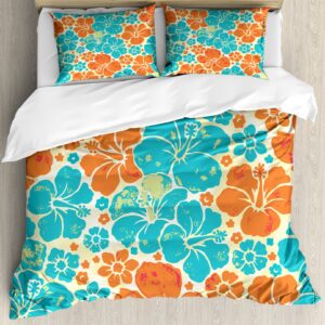 Lunarable Tropical Duvet Cover Set, Hawaiian Hibiscus Silhouettes Abstract Nature Motifs Grunge Style, Decorative 3 Piece Bedding Set with 2 Pillow Shams, Queen Size, Pale Blue Orange