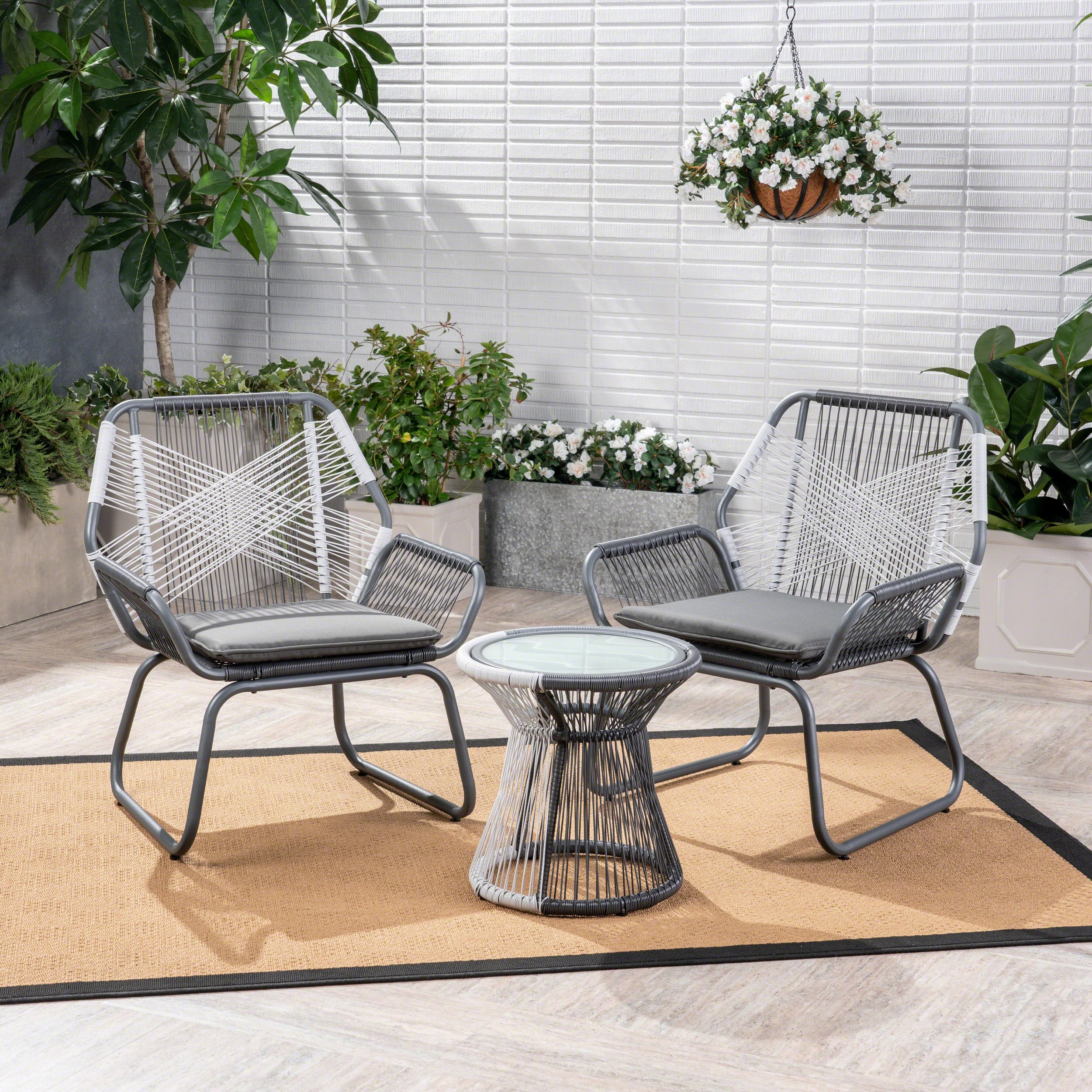 Christopher Knight Home Aiden Outdoor 3 Piece Faux Rattan Chair Set, Gray and White