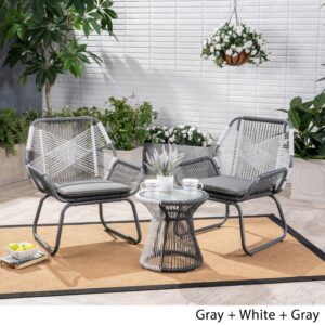 Christopher Knight Home Aiden Outdoor 3 Piece Faux Rattan Chair Set, Gray and White