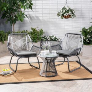 Christopher Knight Home Aiden Outdoor 3 Piece Faux Rattan Chair Set, Gray and White