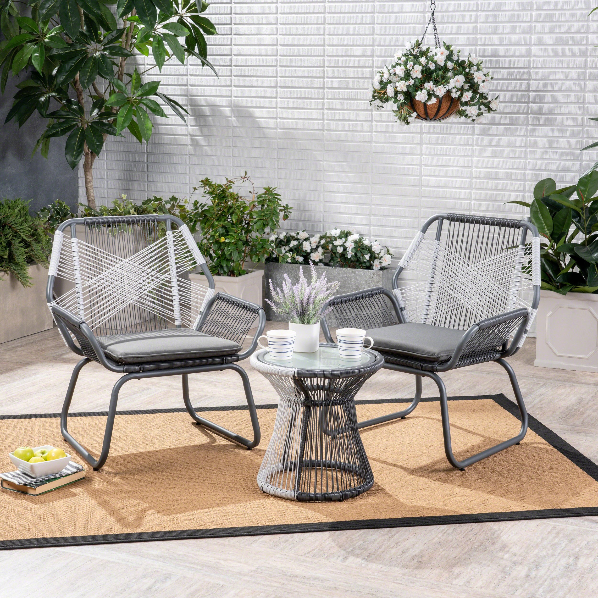 Christopher Knight Home Aiden Outdoor 3 Piece Faux Rattan Chair Set, Gray and White