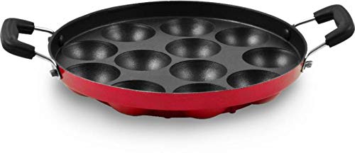 Non-Stick 12 Cavity Appam Patra Paniyarakkal,Nonstick cookware Appam Patra Paniyaram with Stainless Steel Without Lid 12 Cavity (Red with Handle)