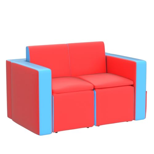 Costzon Kids Couch, 2 in 1 Double Seat Children's Sofa Convert to Table and Two Chairs for School, Storage Space, PVC Surface, Large Soft Kids Preschool Sofa Couch for Boys Girls Gifts (Red)