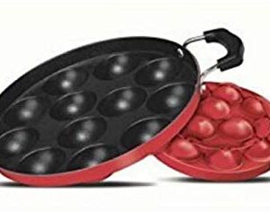 Non-Stick 12 Cavity Appam Patra Paniyarakkal,Nonstick cookware Appam Patra Paniyaram with Stainless Steel Without Lid 12 Cavity (Red with Handle)