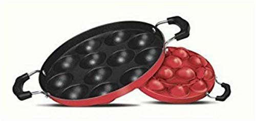 Non-Stick 12 Cavity Appam Patra Paniyarakkal,Nonstick cookware Appam Patra Paniyaram with Stainless Steel Without Lid 12 Cavity (Red with Handle)