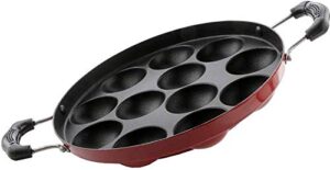 non-stick 12 cavity appam patra paniyarakkal,nonstick cookware appam patra paniyaram with stainless steel without lid 12 cavity (red with handle)