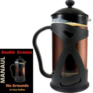 coffee maker french press:by sterlingpro [double filter - the purest home-brewed coffee/tea] gift 2 free bonus screens [premium stainless steel] [thick heat-resistant glass pot (34 oz, mirror)