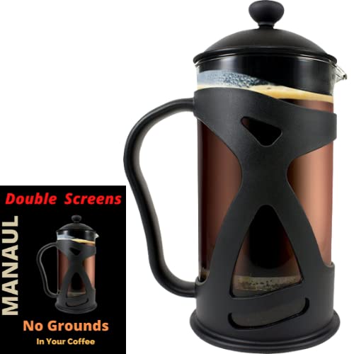 Coffee Maker French Press:by SterlingPro [Double Filter - the Purest home-brewed coffee/tea] Gift 2 Free Bonus Screens [Premium Stainless Steel] [Thick Heat-resistant Glass Pot (34 oz, mirror)