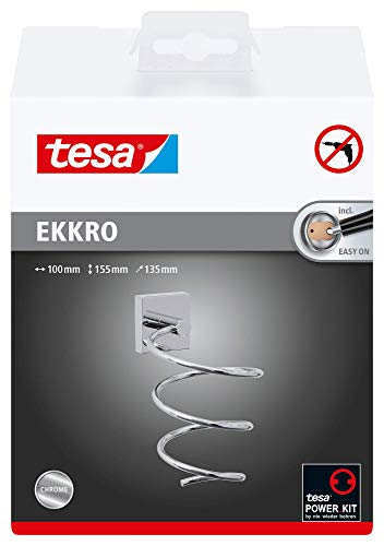 tesa EKKRO Hair Dryer Holder - No Drill Wall Mounted Chromed Metal Blow Dryer Holder - Stainless - Waterproof - Includes Removable Glue Solution