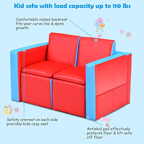 Costzon Kids Couch, 2 in 1 Double Seat Children's Sofa Convert to Table and Two Chairs for School, Storage Space, PVC Surface, Large Soft Kids Preschool Sofa Couch for Boys Girls Gifts (Red)