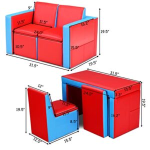 Costzon Kids Couch, 2 in 1 Double Seat Children's Sofa Convert to Table and Two Chairs for School, Storage Space, PVC Surface, Large Soft Kids Preschool Sofa Couch for Boys Girls Gifts (Red)