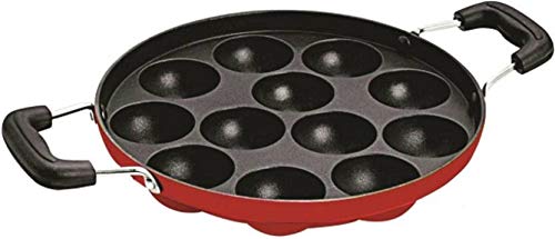 Non-Stick 12 Cavity Appam Patra Paniyarakkal,Nonstick cookware Appam Patra Paniyaram with Stainless Steel Without Lid 12 Cavity (Red with Handle)