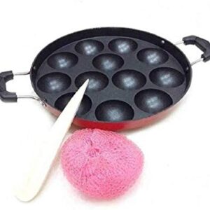 Non-Stick 12 Cavity Appam Patra Paniyarakkal,Nonstick cookware Appam Patra Paniyaram with Stainless Steel Without Lid 12 Cavity (Red with Handle)