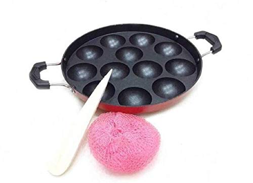 Non-Stick 12 Cavity Appam Patra Paniyarakkal,Nonstick cookware Appam Patra Paniyaram with Stainless Steel Without Lid 12 Cavity (Red with Handle)