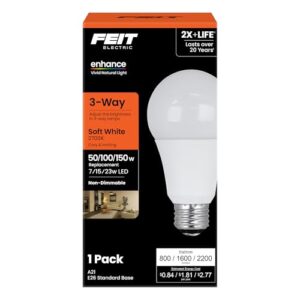 feit electric a21 led light bulb, 3-way adjustable wattage 50/100/150 equivalent, e26 base, non dimmable, 2200 lumen, 2700k soft white, general purpose bulbs, 25,000-hour lifetime, a50/150/927ca