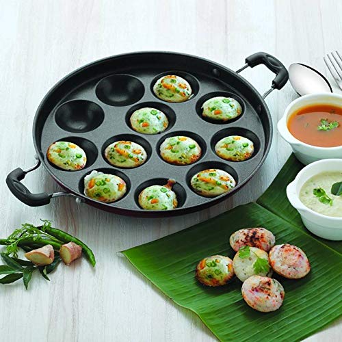 Non-Stick 12 Cavity Appam Patra Paniyarakkal,Nonstick cookware Appam Patra Paniyaram with Stainless Steel Without Lid 12 Cavity (Red with Handle)