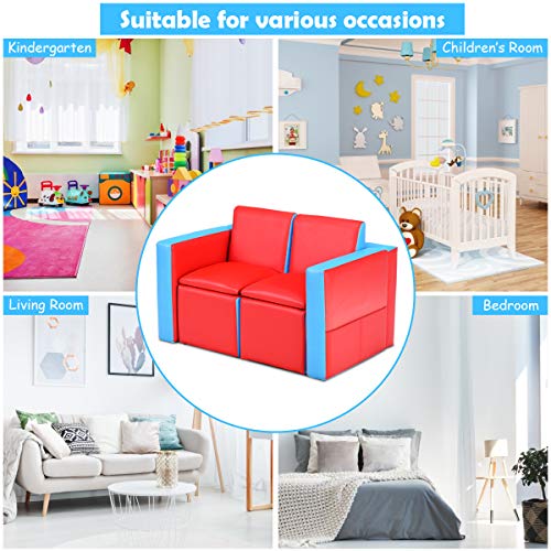 Costzon Kids Couch, 2 in 1 Double Seat Children's Sofa Convert to Table and Two Chairs for School, Storage Space, PVC Surface, Large Soft Kids Preschool Sofa Couch for Boys Girls Gifts (Red)