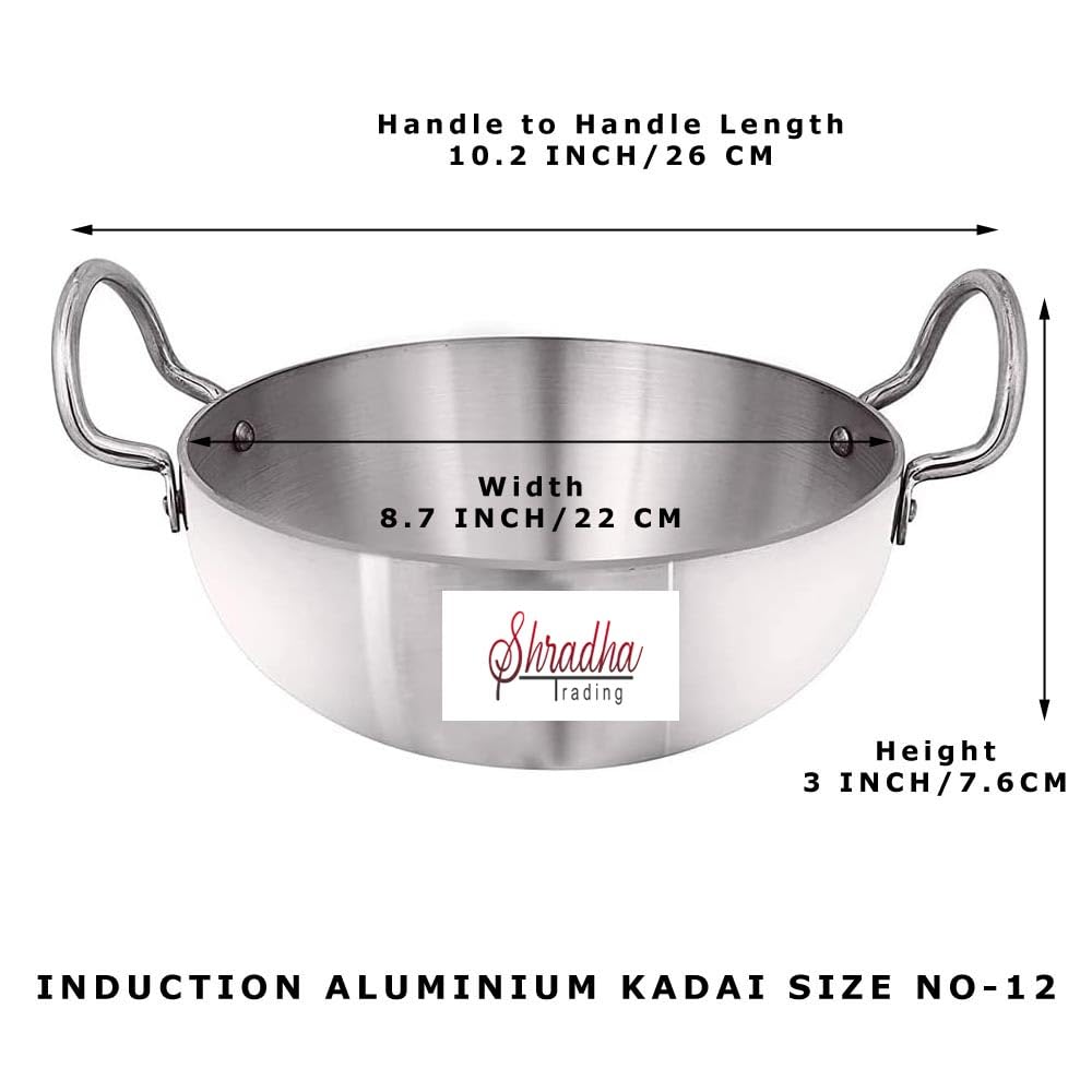 Shradha Trading Aluminium Kadai, Aluminum Indian Kadai,Indian Kadai, Cookware pan, Indian Stir Pan, Frying Pan, Size-12, Thickness 4 mm