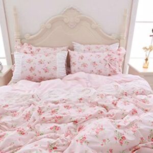 LELVA Romantic Roses Print Duvet Cover Set with Bed Skirt Pink Lace Ruffle Floral Shabby Chic Bedding Sets Queen 4 Piece