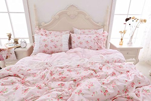 LELVA Romantic Roses Print Duvet Cover Set with Bed Skirt Pink Lace Ruffle Floral Shabby Chic Bedding Sets Queen 4 Piece