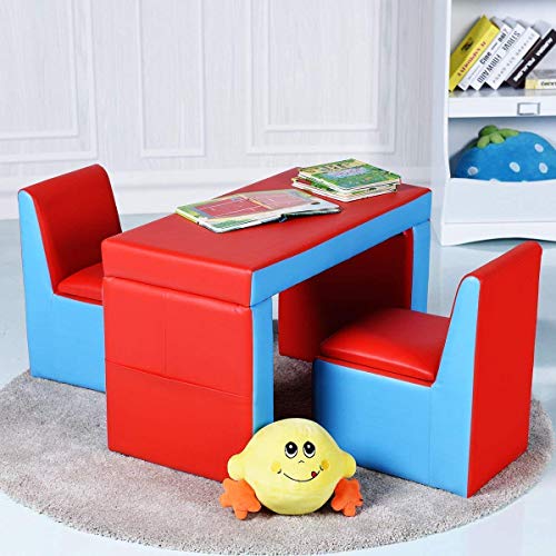 Costzon Kids Couch, 2 in 1 Double Seat Children's Sofa Convert to Table and Two Chairs for School, Storage Space, PVC Surface, Large Soft Kids Preschool Sofa Couch for Boys Girls Gifts (Red)