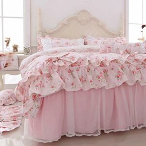 LELVA Romantic Roses Print Duvet Cover Set with Bed Skirt Pink Lace Ruffle Floral Shabby Chic Bedding Sets Queen 4 Piece