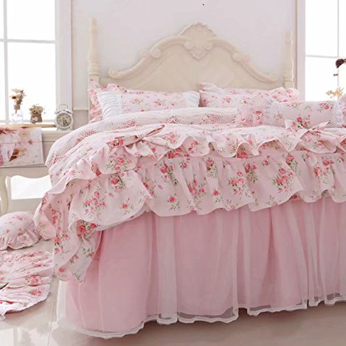 LELVA Romantic Roses Print Duvet Cover Set with Bed Skirt Pink Lace Ruffle Floral Shabby Chic Bedding Sets Queen 4 Piece