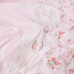 LELVA Romantic Roses Print Duvet Cover Set with Bed Skirt Pink Lace Ruffle Floral Shabby Chic Bedding Sets Queen 4 Piece