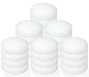 stock your home 24 count 3" inch floating candles bulk set with 10 hour burn time, white unscented wax discs for cylinder vases, centerpieces at wedding, party, pool, holiday