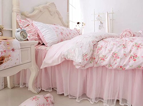 LELVA Romantic Roses Print Duvet Cover Set with Bed Skirt Pink Lace Ruffle Floral Shabby Chic Bedding Sets Queen 4 Piece