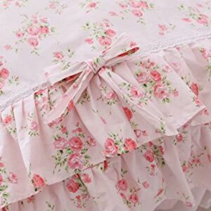 LELVA Romantic Roses Print Duvet Cover Set with Bed Skirt Pink Lace Ruffle Floral Shabby Chic Bedding Sets Queen 4 Piece