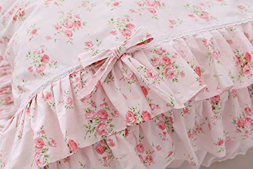 LELVA Romantic Roses Print Duvet Cover Set with Bed Skirt Pink Lace Ruffle Floral Shabby Chic Bedding Sets Queen 4 Piece