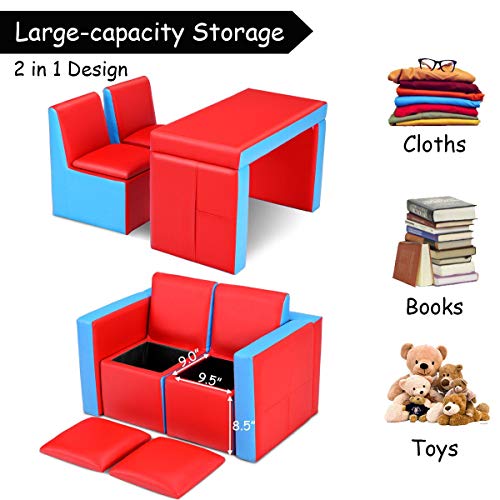 Costzon Kids Couch, 2 in 1 Double Seat Children's Sofa Convert to Table and Two Chairs for School, Storage Space, PVC Surface, Large Soft Kids Preschool Sofa Couch for Boys Girls Gifts (Red)