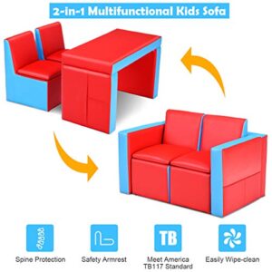 Costzon Kids Couch, 2 in 1 Double Seat Children's Sofa Convert to Table and Two Chairs for School, Storage Space, PVC Surface, Large Soft Kids Preschool Sofa Couch for Boys Girls Gifts (Red)