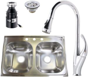 westbrass s3348-26 drop-in stainless steel 3-hole 50/50 double bowl kitchen sink set with faucet in polished chrome (strainers not included) 33" polished chrome