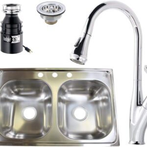 Westbrass S3348-26 Drop-In Stainless Steel 3-Hole 50/50 Double Bowl Kitchen Sink Set with Faucet in Polished Chrome (Strainers not included) 33" Polished Chrome