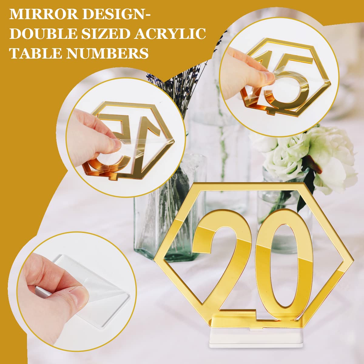 Fashionclubs Table Numbers, 1-20 Wedding Acrylic Table Numbers with Holder Base Party Card Table Holder,Hexagon Shape,Perfect for Wedding Reception and Decoration (1-20 Gold)