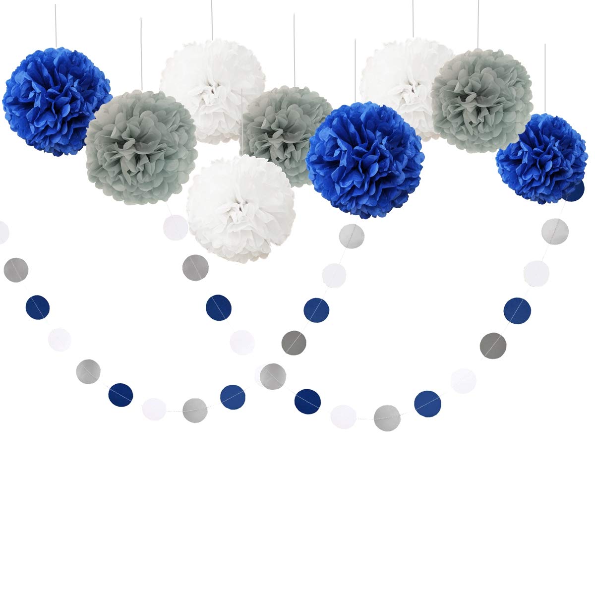 InBy 26pcs Tissue Paper Flower Pom Poms Party Decorations Kit Navy Blue Grey White Tassel Garland for Wedding First Birthday Bridal Baby Shower Graduation Bachelorette Party Supplies (12" 10" 8")