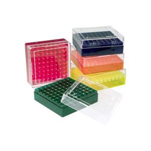 cryogenic vial storage box, 81 place (5 boxes per unit) – assorted polycarbonate plastic storage rack for 1.2-2 ml cryo vials – cryogenic grid rack for 81 microcentrifuge tube storage