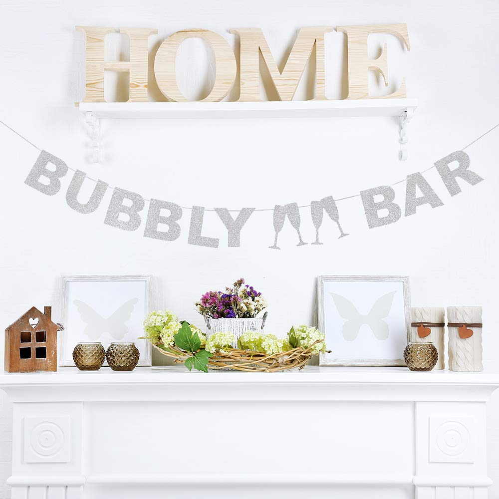 LINGTEER Bubbly Bar Silver Glitter Bunting Banner - Cheers to Wedding Bridal Shower Bachelorette Drinking Party Backdrop Decorations.[Pre-Strung]