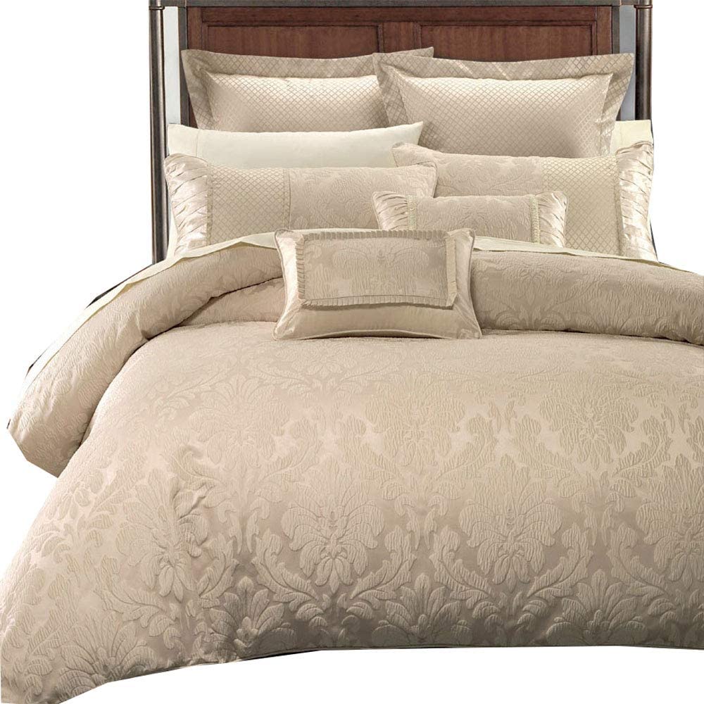 Royal Hotel Bedding Luxury 7PC Sara Jacquard Duvet Cover Set (Comforter Cover), Corner Ties with Duvet Cover and Button Closure, Full/Queen Size, Beige